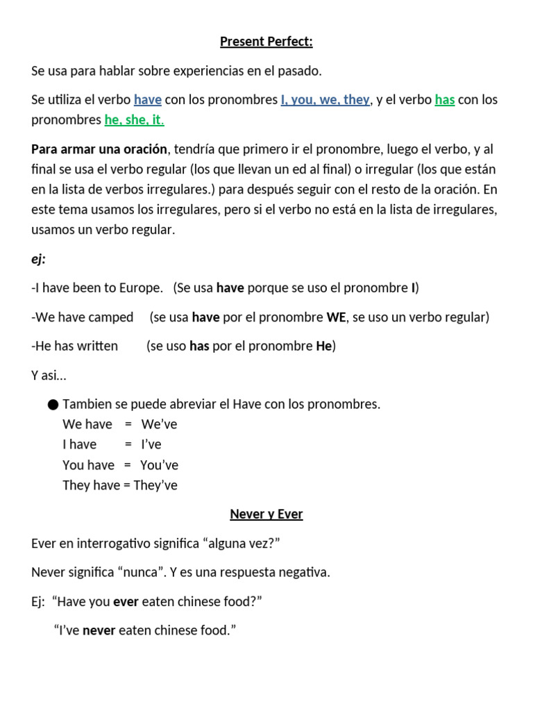 Uso del Present Perfect en inglés | PDF