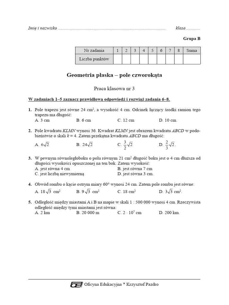 Klasowki Kl2 Geometria Plaska Pole Czworokata 3 B ZP | PDF