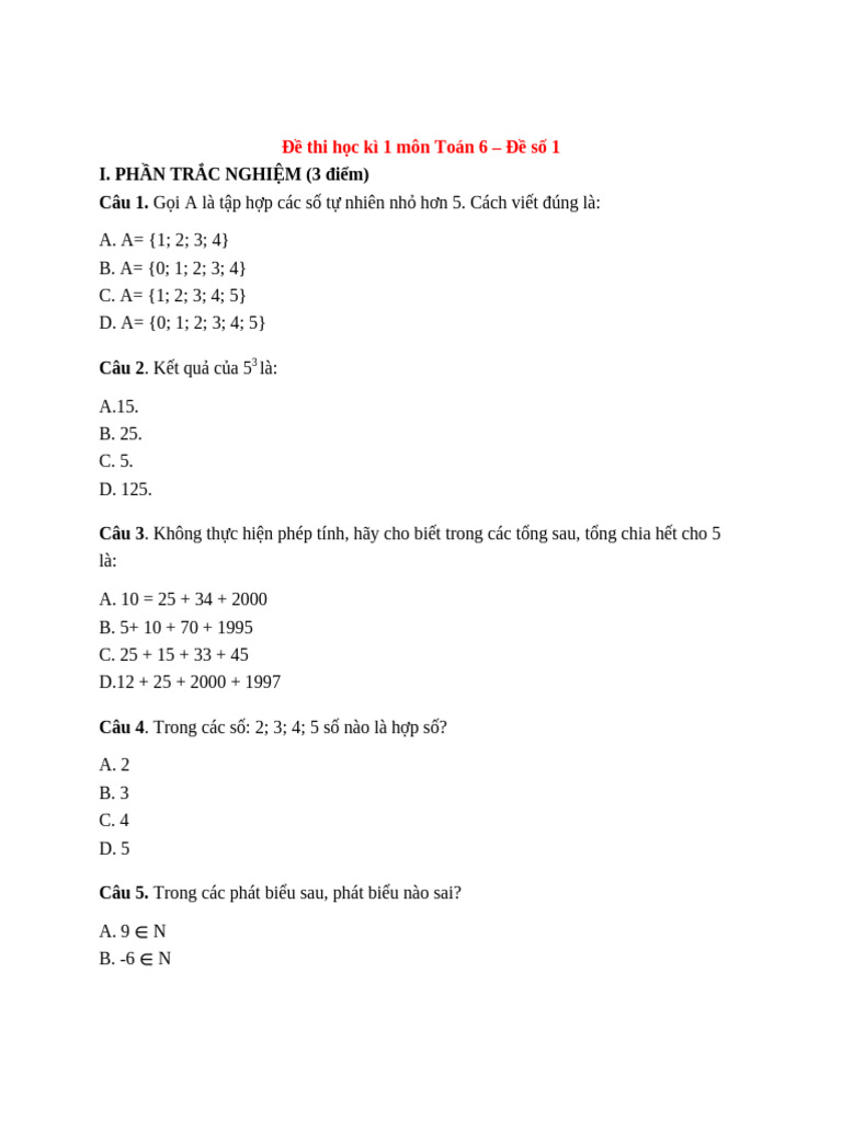 De Thi Hk1 Toan 6 1 | PDF