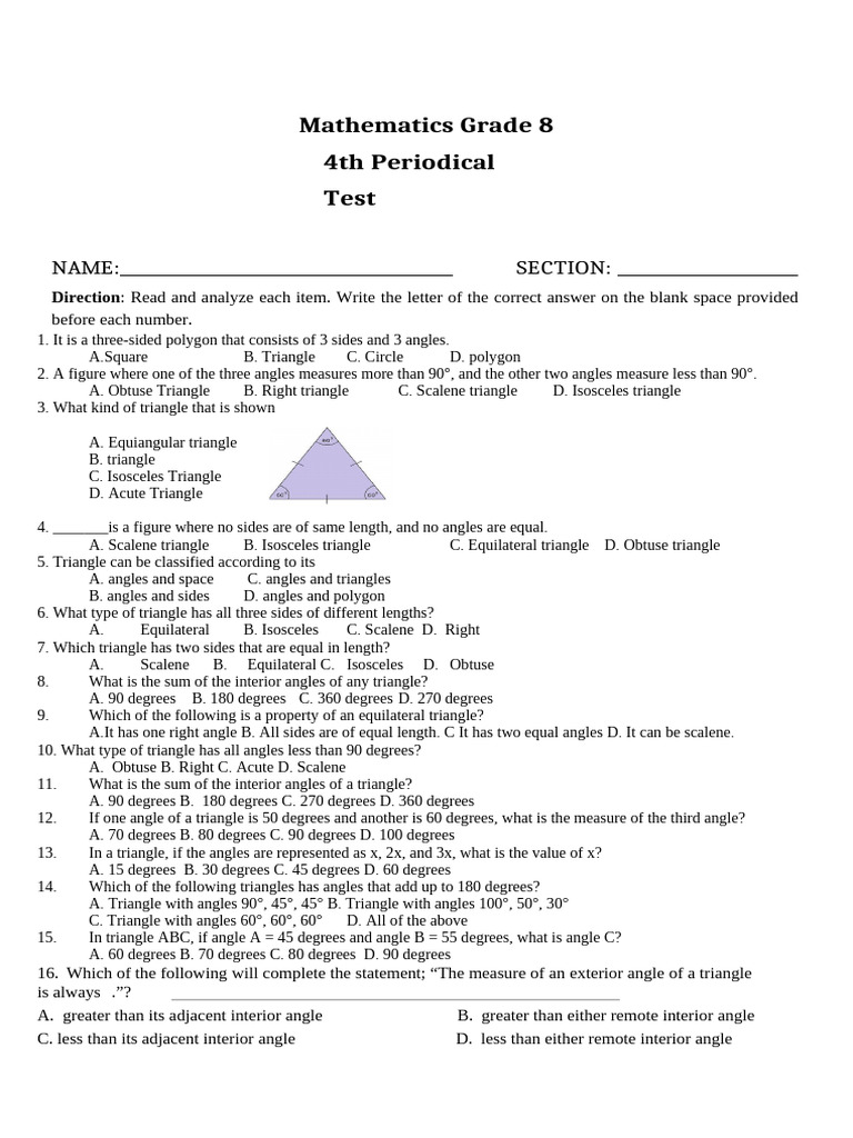Grade 8 mathematics 4th Exam | PDF | Triangle | Geometry