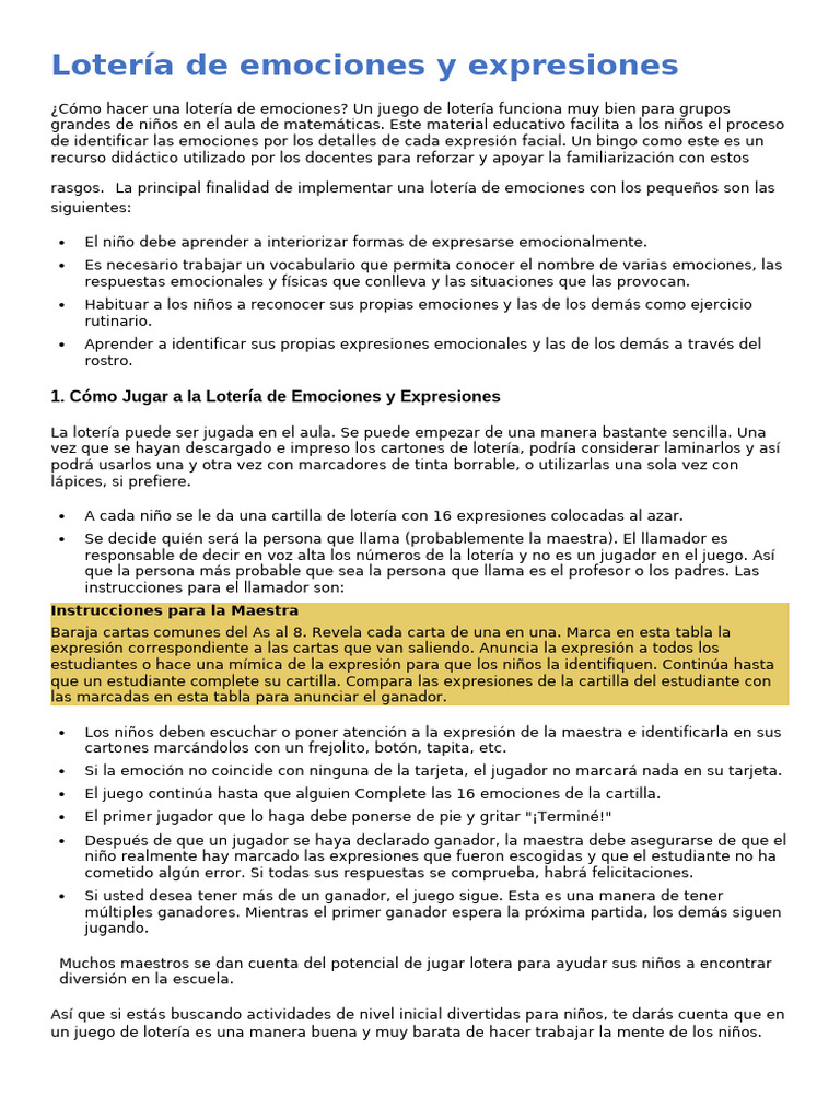 Lotería de Emociones y Expresiones | PDF | Las emociones | Lotería