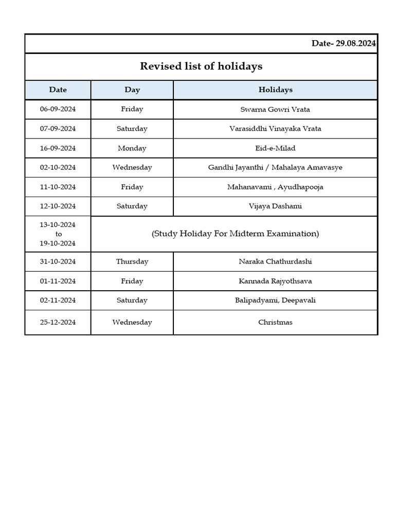 Revised Lists of Holidays (Students) - 1 | PDF
