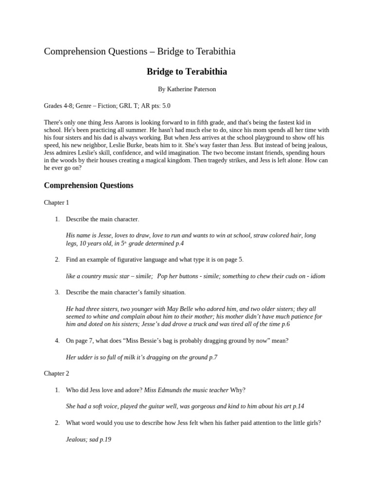 Bridge To Terabithia Questions | PDF
