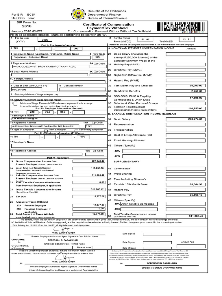 BIR Form 2316: Tax Withheld Certificate | PDF | Cost Of Living | Taxes