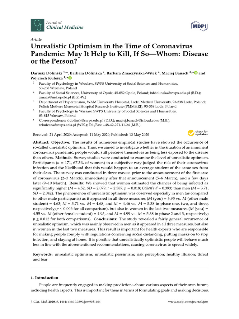 Unrealistic Optimism in The Time of Coronavirus | PDF | Standard Deviation | Optimism