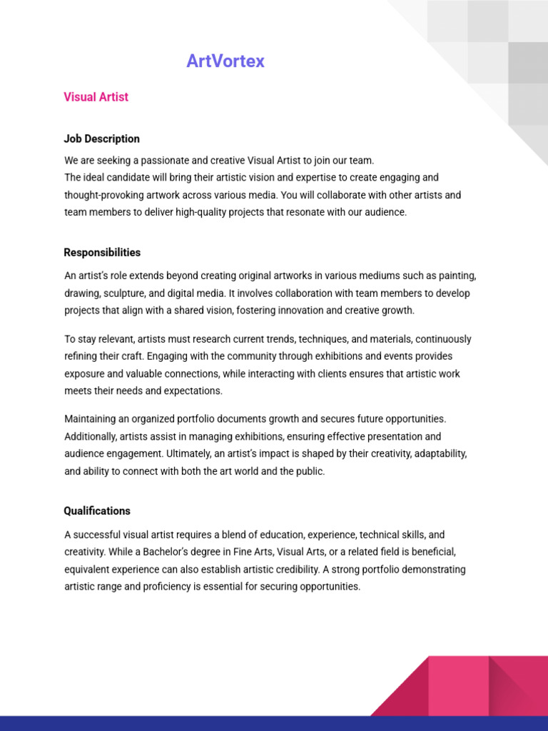 Visual Artist Job Overview and Requirements | PDF | Creativity ...
