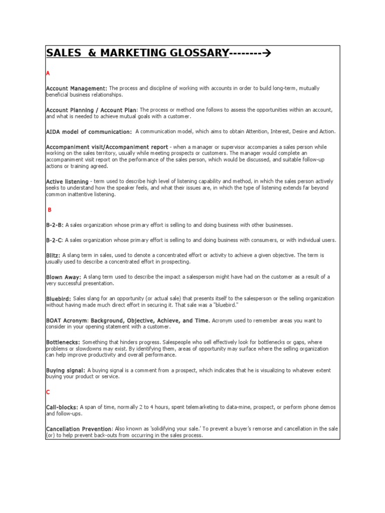 SALES & Marketing Glossary | PDF | Sales | Retail
