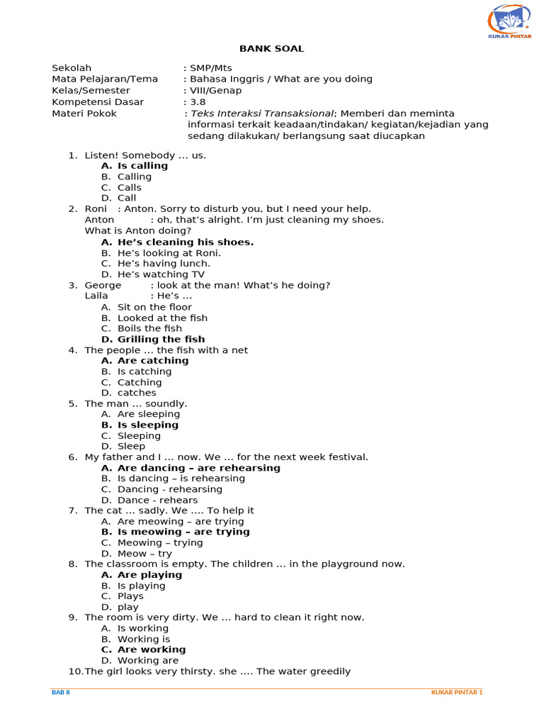 Bank Soal Bahasa Inggris Kelas8 Bab8 Present Continuous Tense | PDF