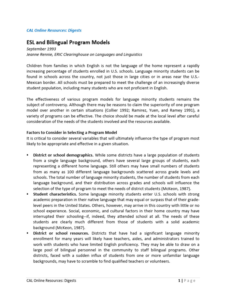 ESLand Bilingual Program Models | PDF | English As A Second Or Foreign ...
