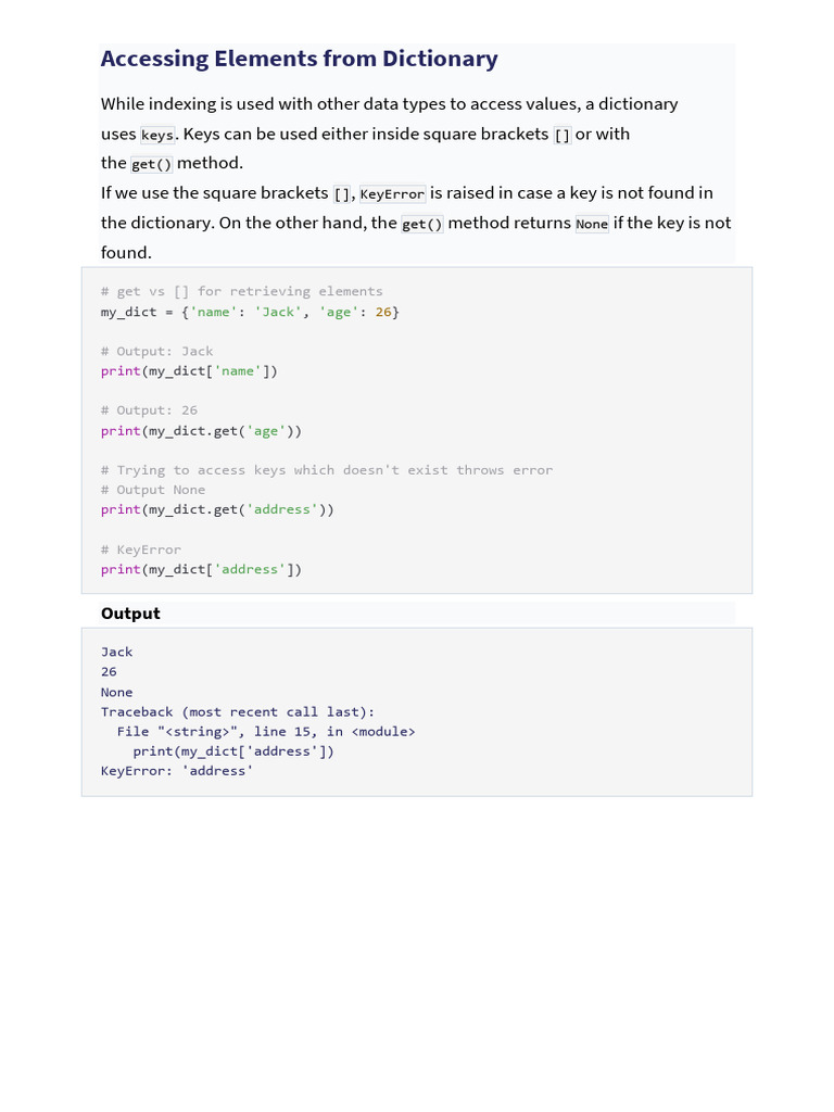 Accessing Elements from Dictionary (1) | PDF | Software Engineering | Computer Programming