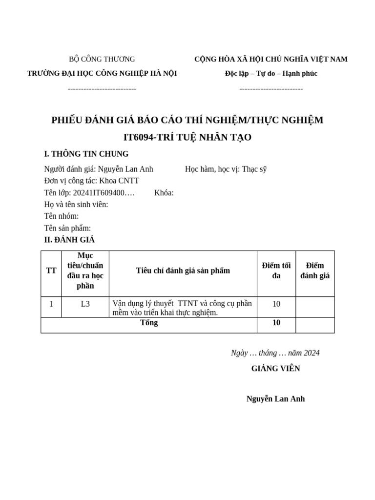 Phieu Tieu Chi Mon TTNT IT6094 | PDF