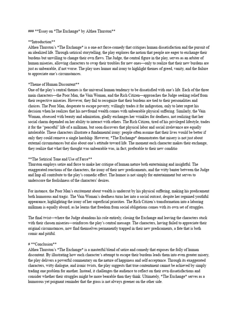 Essay On - The Exchange - by Althea Thurston | PDF | Comedy | Satire