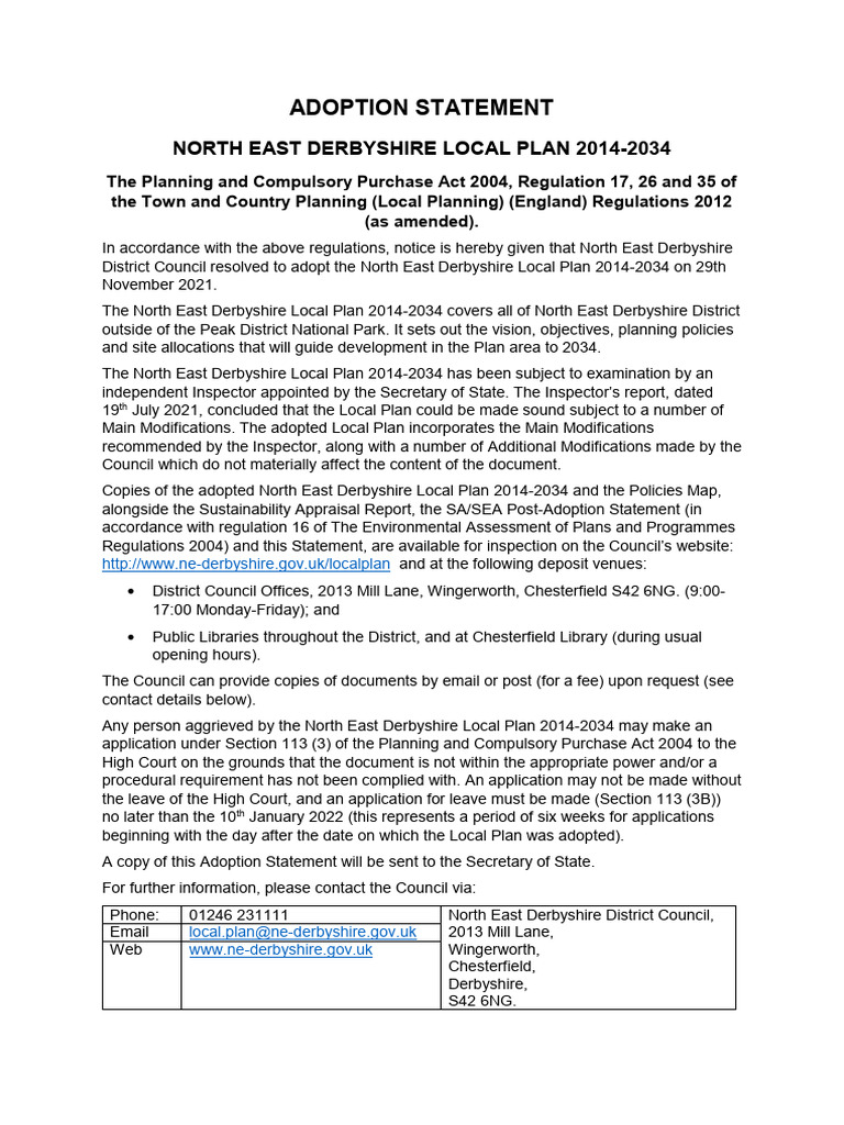 North East Derbyshire Local Plan Adoption | PDF