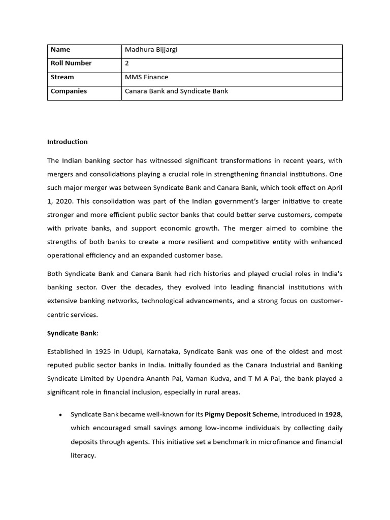 Canara Bank and Syndicate Bank Merger and Acquisition | PDF | Mergers ...