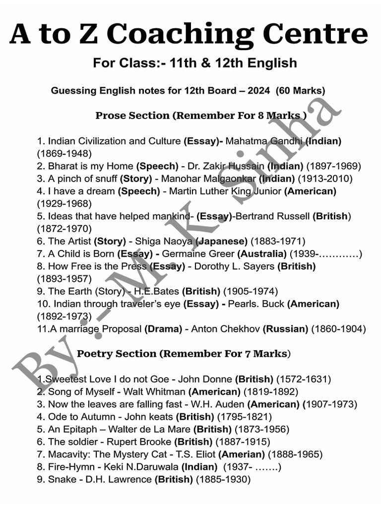 Class 12th English Guessing Notes by Mksinha. | PDF