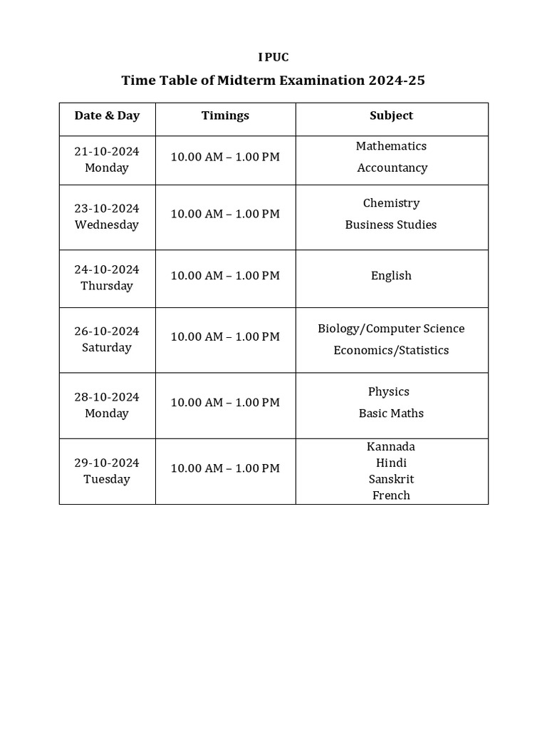 I Year MidTerm Time Table - Updated | PDF