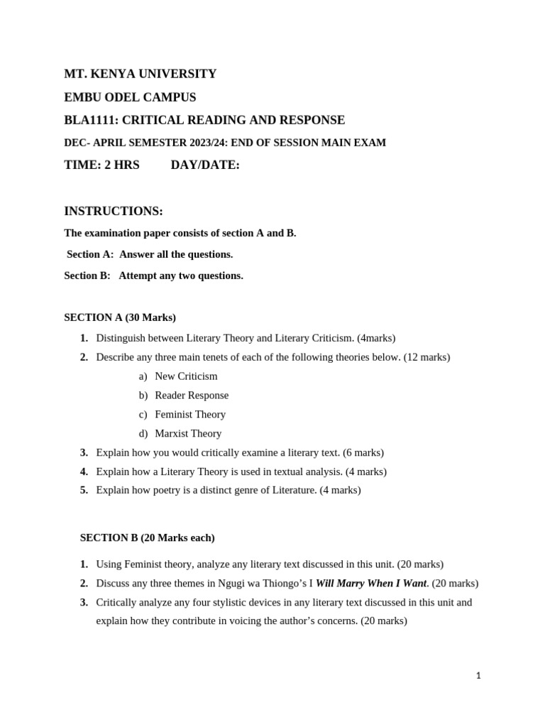 MT Kenya Main Exam | PDF