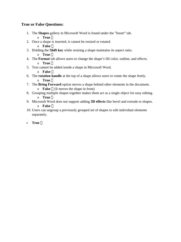 MS Word True/False Questions Answer Key | PDF