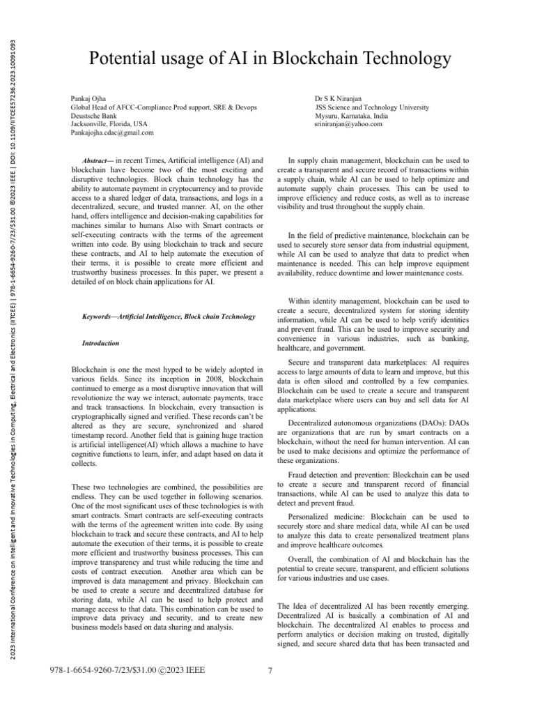 Potential Usage of AI in Blockchain Technology | PDF | Artificial Intelligence | Intelligence ...