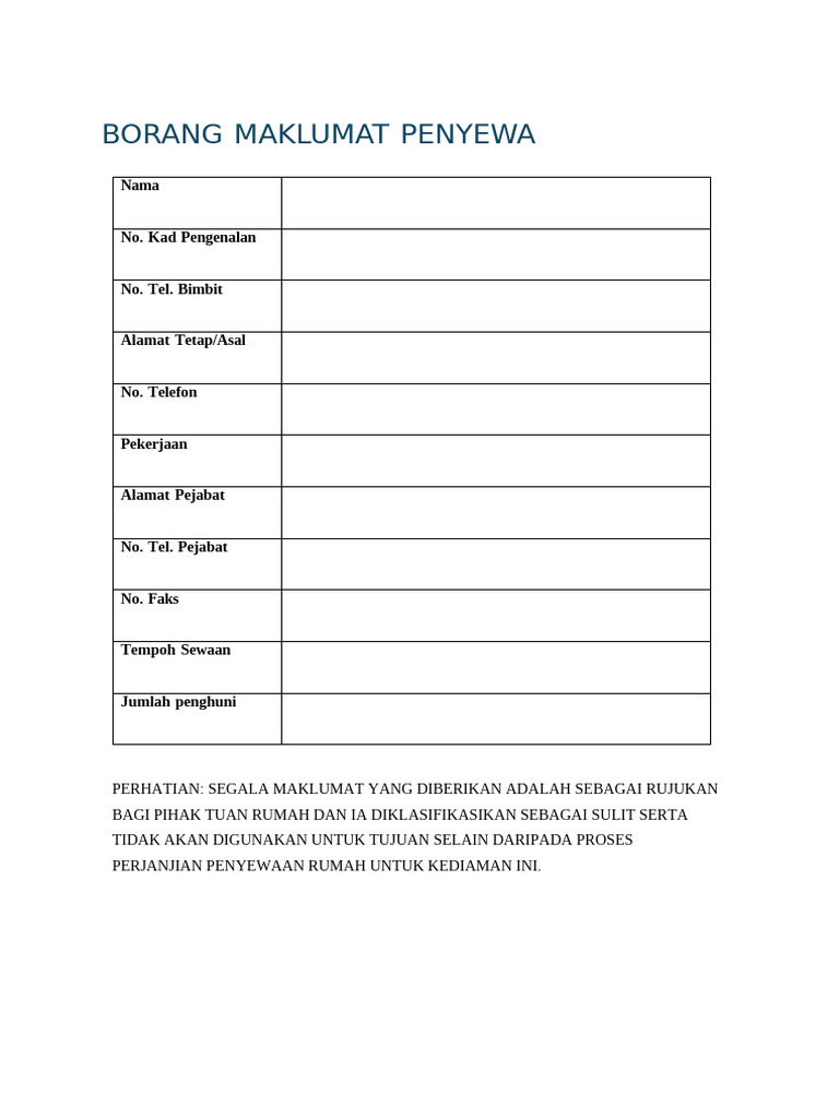 Borang Maklumat Penyewa | PDF