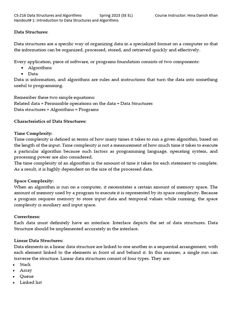 Handout#1 - Introduction To DSA | PDF | Algorithms And Data Structures | Computer Programming