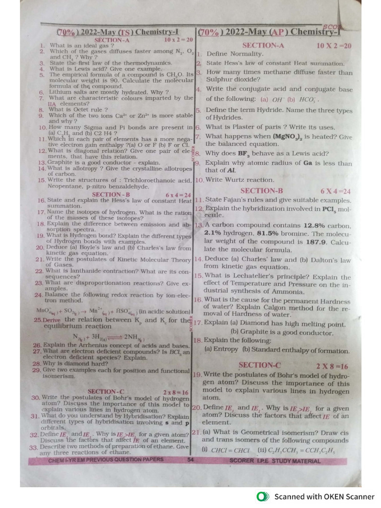 Chemistry First Yr Previous Qp n Qa | PDF