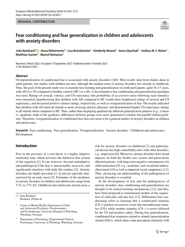 Fear Conditioning and Fear Generalization in Children and Adolescents ...