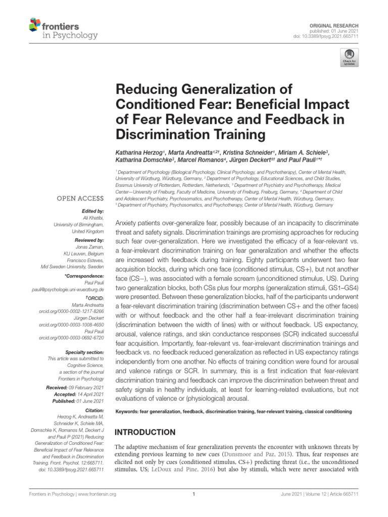 Reducing Generalization of Conditioned Fear Beneficial Impact of Fear Relevance and Feedback in ...
