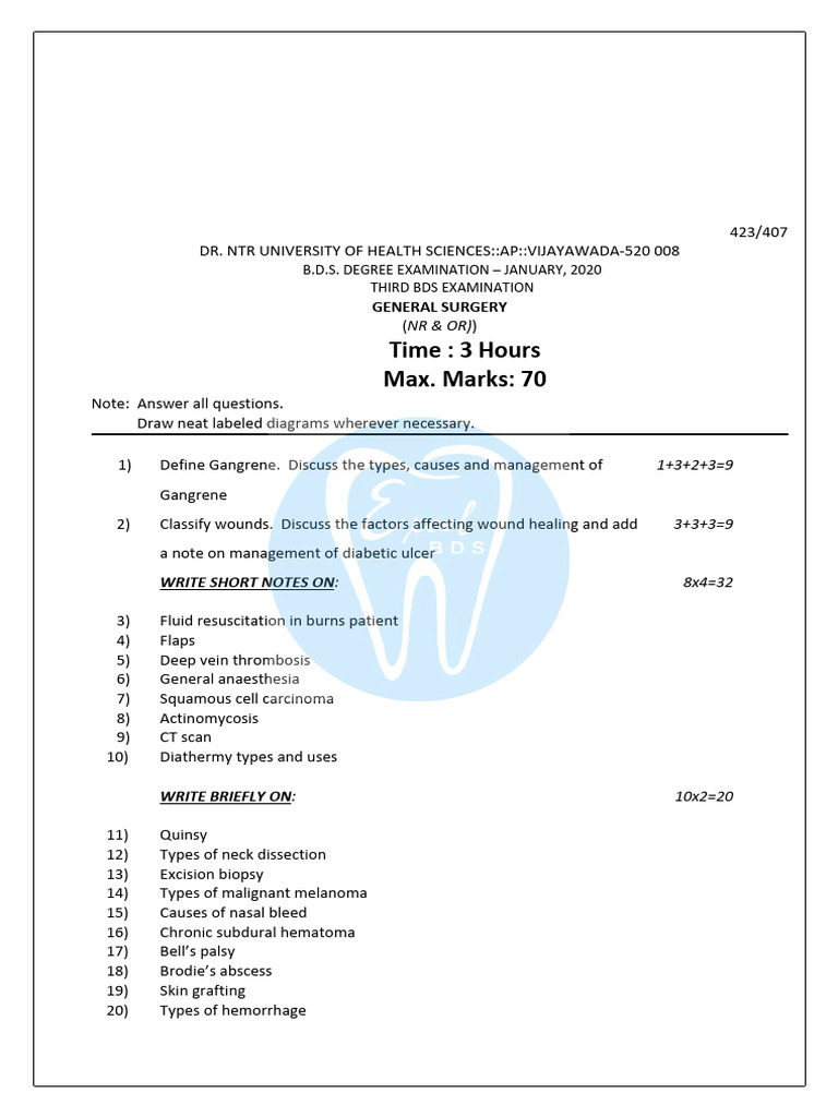 NTRUHS BDS Exam Question Papers | PDF | Wound | Diseases And Disorders