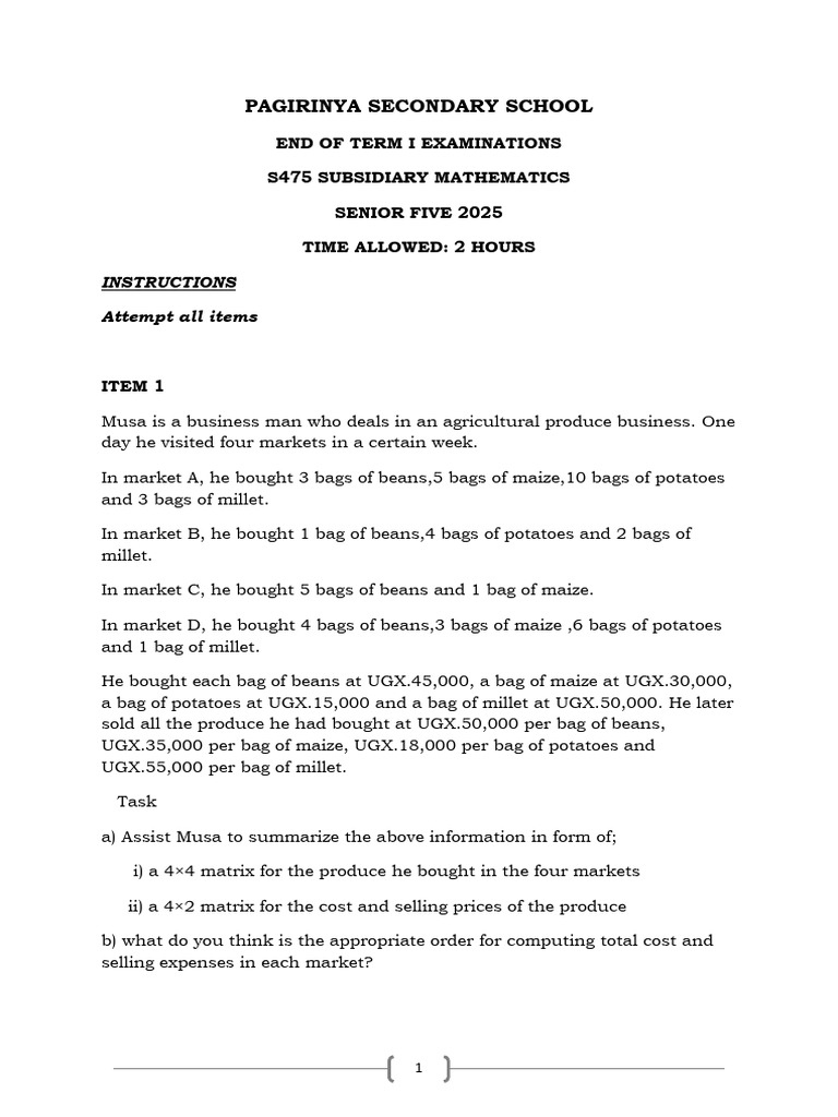 S.5 SUB MATHS EOT 1 | PDF