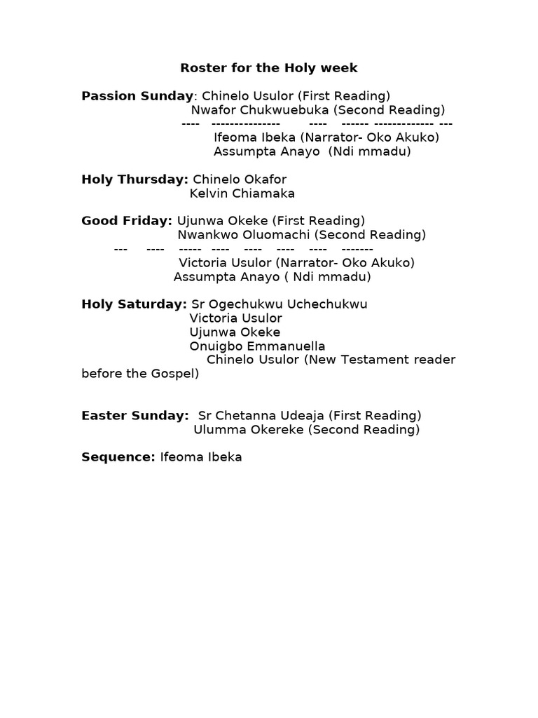 Roster for the Holy Week | PDF