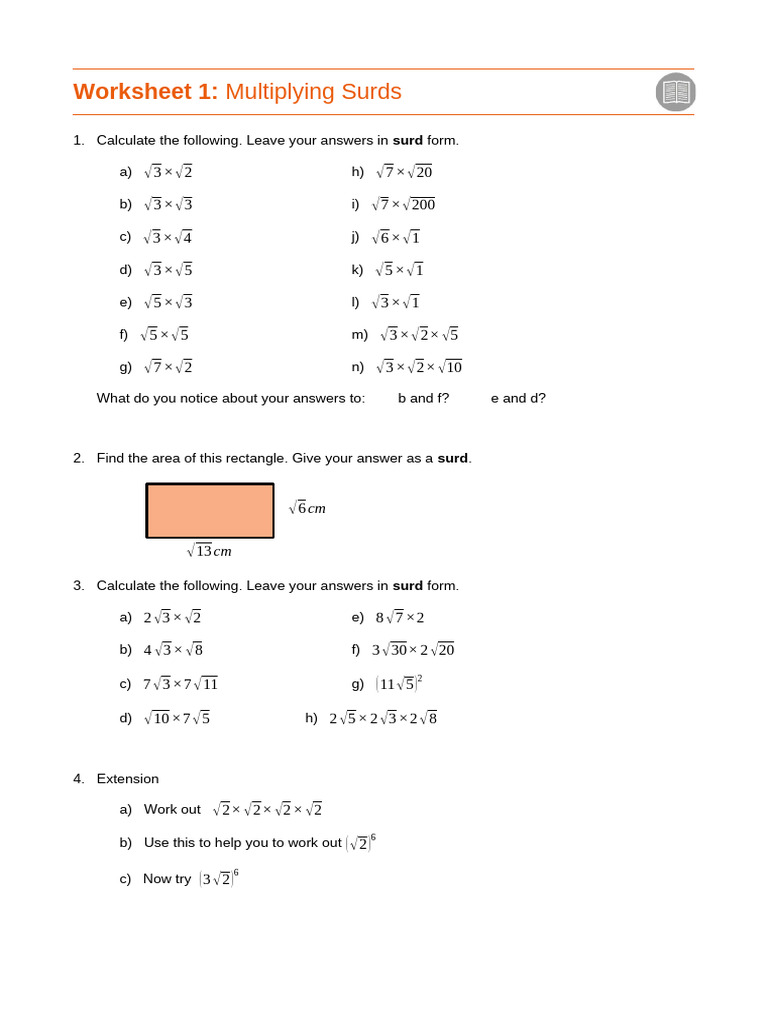 Multiplying Surds Worksheet | PDF | Area | Volume