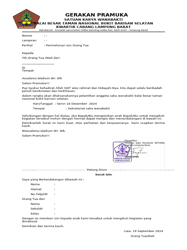 Surat Izin Orang Tua SWB | PDF