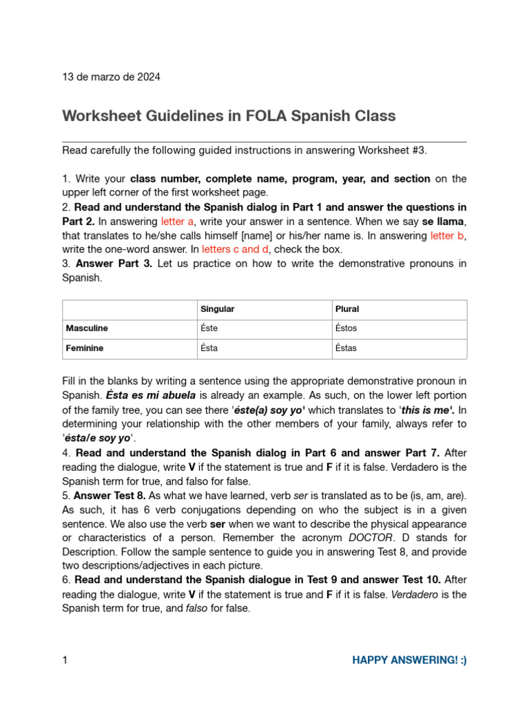FOLA Worksheet 3 Guidelines | PDF | Verb | Grammatical Gender