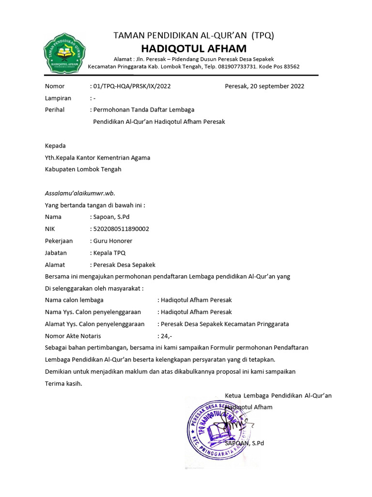 Surat Tanda Daftar TPQ | PDF