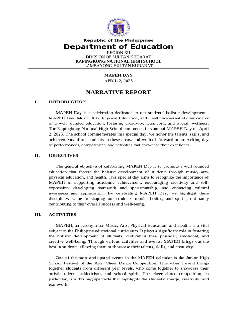 MAPEH DAY Narrative Report | PDF | Learning | Cognition