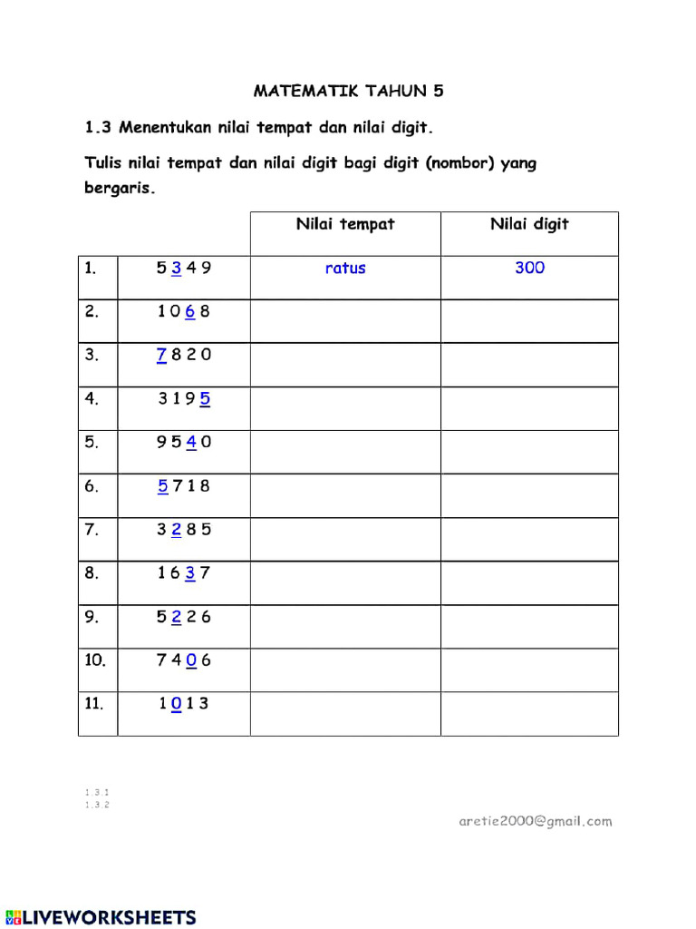 Latihan Nilai Tempat Dan Nilai Digit Matematik Fb Koleksibbm | PDF