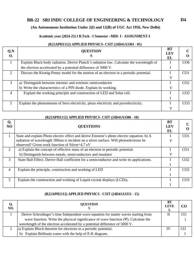 Assignment Questions Applied Physics | PDF | Bipolar Junction Transistor | Dielectric