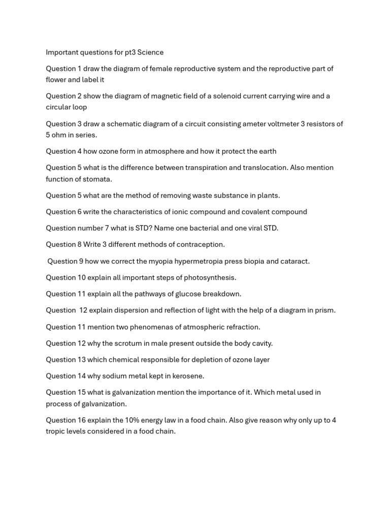 Key Science Questions for PT3 Exam | PDF