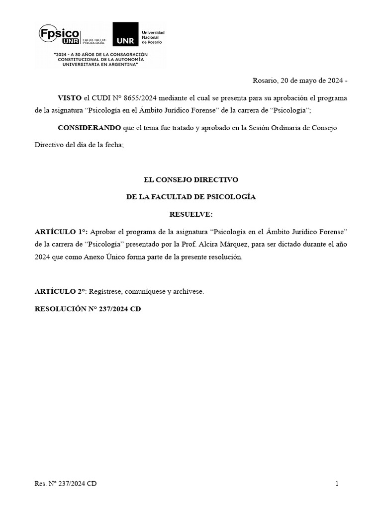 23.- Psicología en el Ámbito Jurídico Forense (Resol. 237-24CD) | PDF