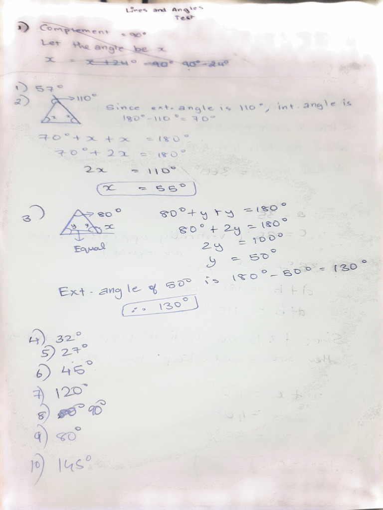 Maths Test Lines and Angles | PDF