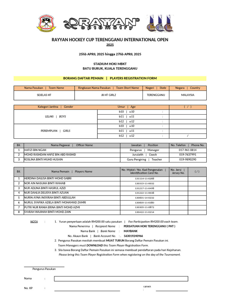 Borang Daftar Pemain Pasukan Rayyan Cup G12 | PDF