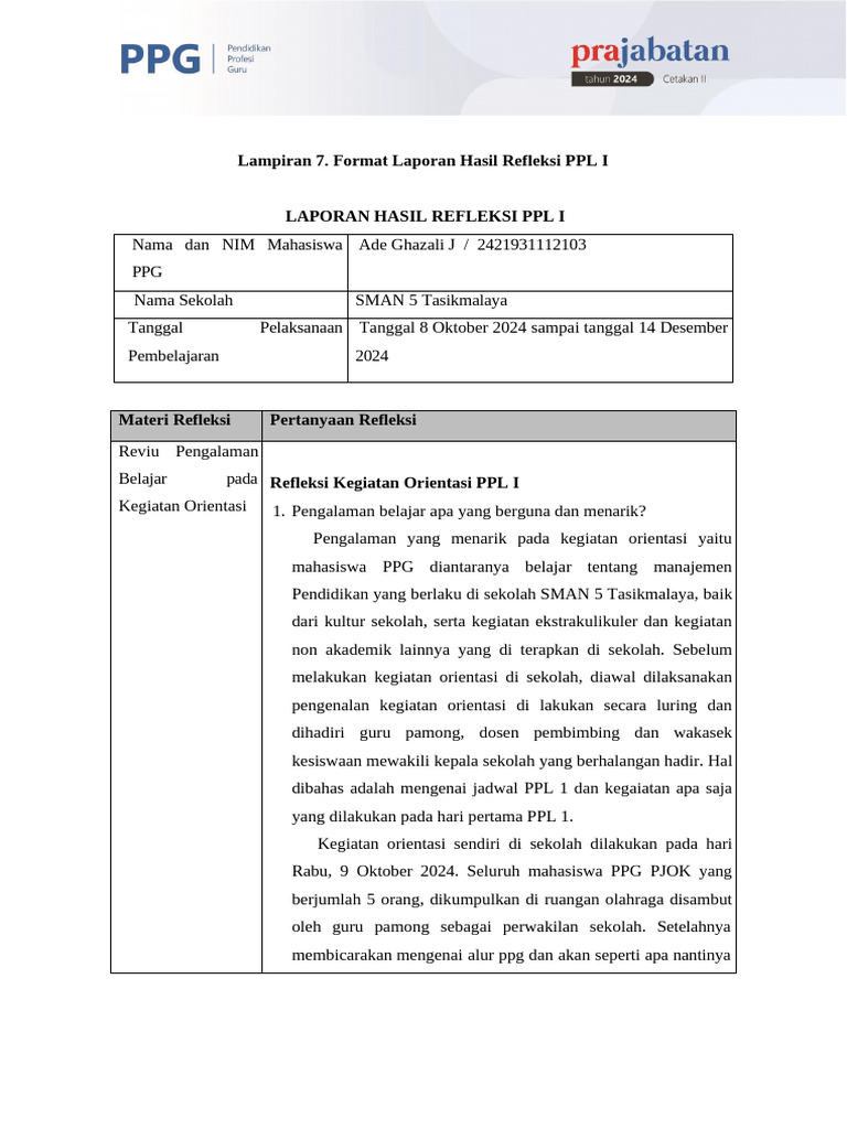 T5.3 Unggah Lampiran 7 - Laporan Hasil Refleksi PPL 1, PPL | PDF
