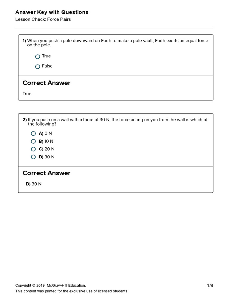 Lesson Check Answer Key - Force Pairs | PDF | Force | Physics