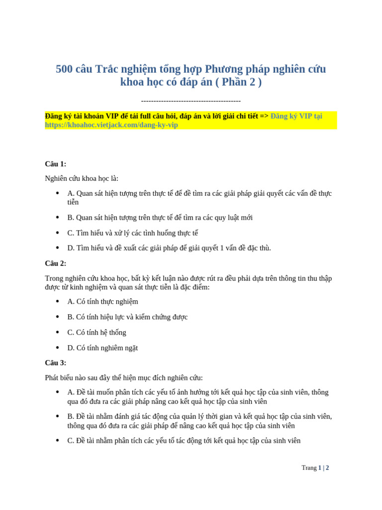 500 Cau Trac Nghiem Tong Hop Phuong Phap Nghien Cuu Khoa Hoc Co Dap An Phan 2 - 2025 - 04 - 02 | PDF