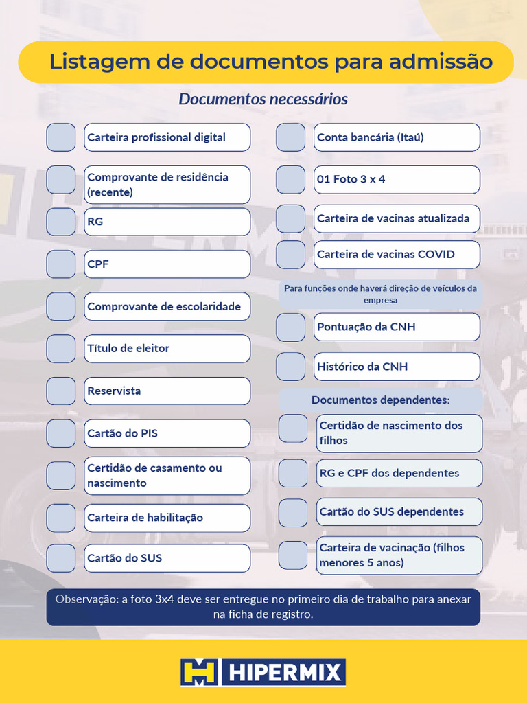 Listagem de documentos para admissão | PDF
