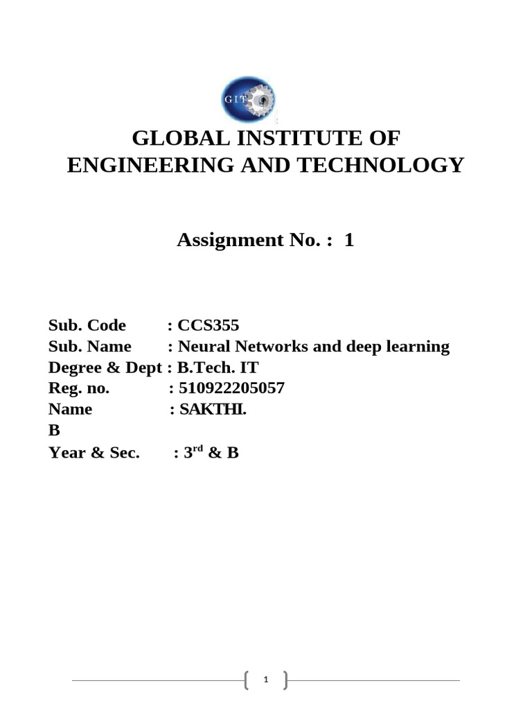CCS355-Neural Networks and Deep Learning - Assignment 1 | PDF | Deep Learning | Artificial ...