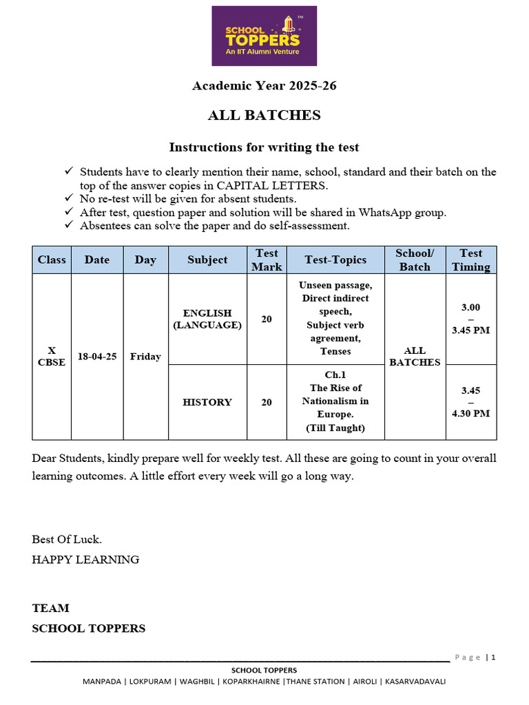 X_CBSE_Timetable_All Batches_Weekly Test_18.04.25 | PDF | Linguistics ...
