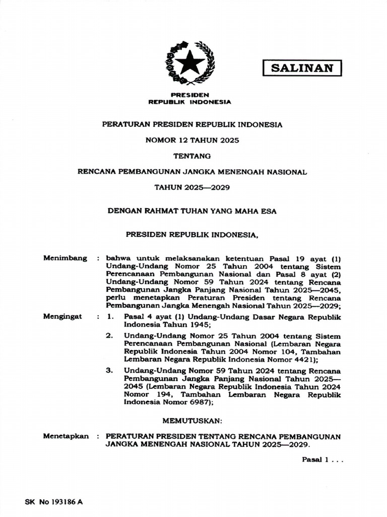 RPJMN 2025 Perpres 12 2025 Format Pratinjau | PDF