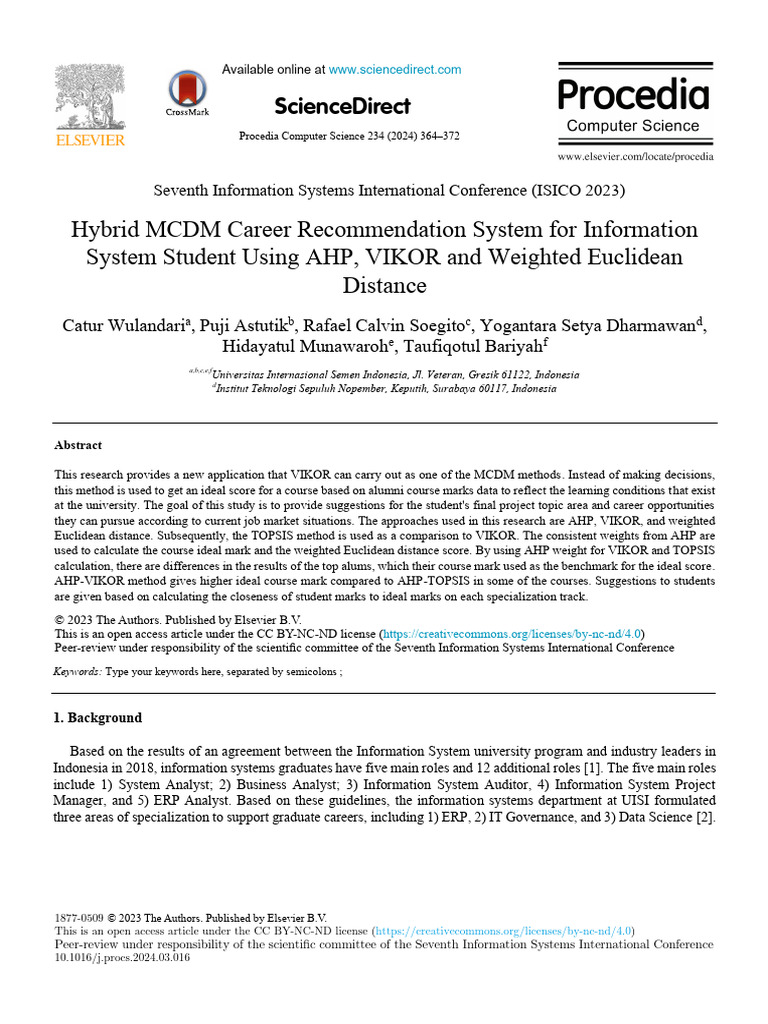 Hybrid MCDM Career Recommendation System For Information | PDF